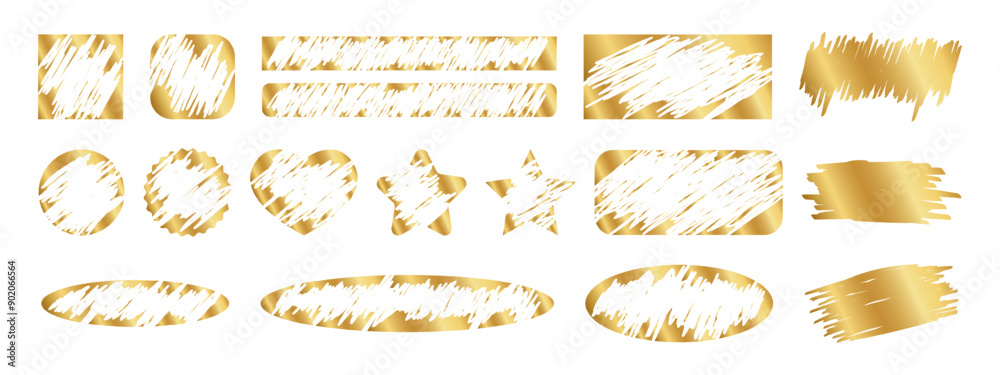 Set of gold scratch card surfaces in square and circle, rectangle and ...