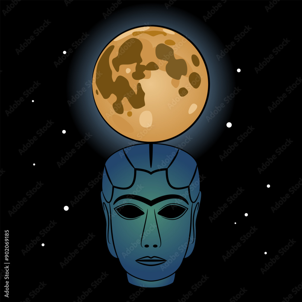 Goddess of moon. Ningal. Head of ancient Mesopotamian goddess in night ...