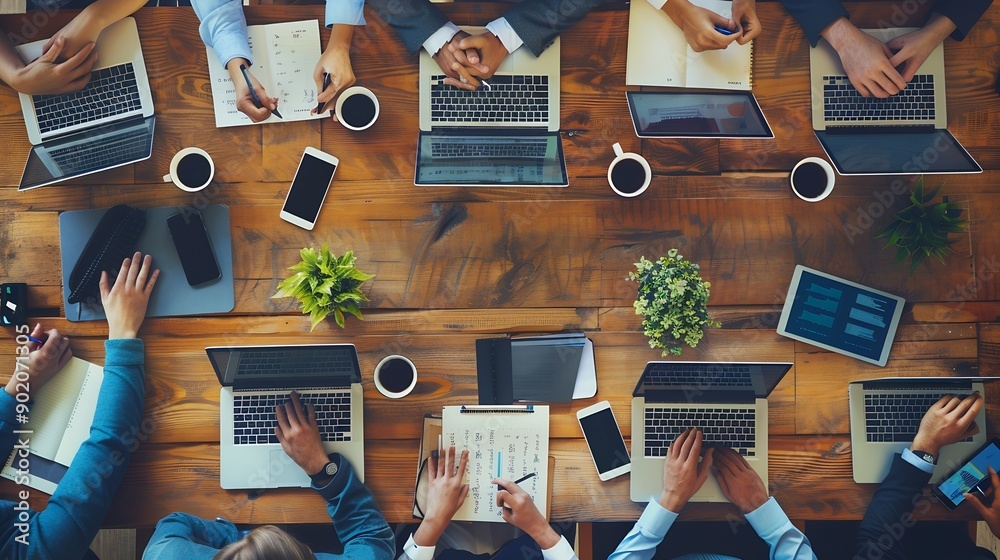 Laptop planning and business people in meeting tablet and brainstorming ...