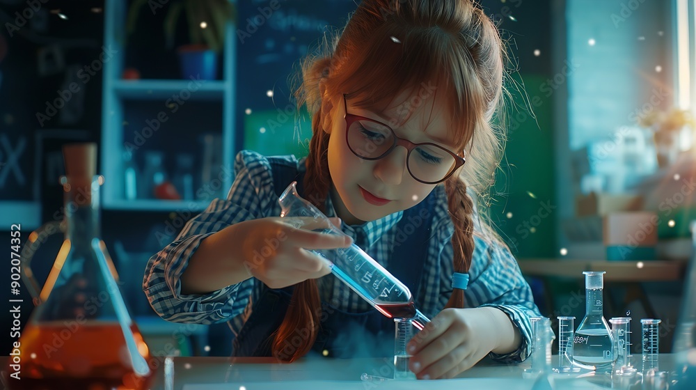 Girl classroom and science beaker for learning education and test with ...