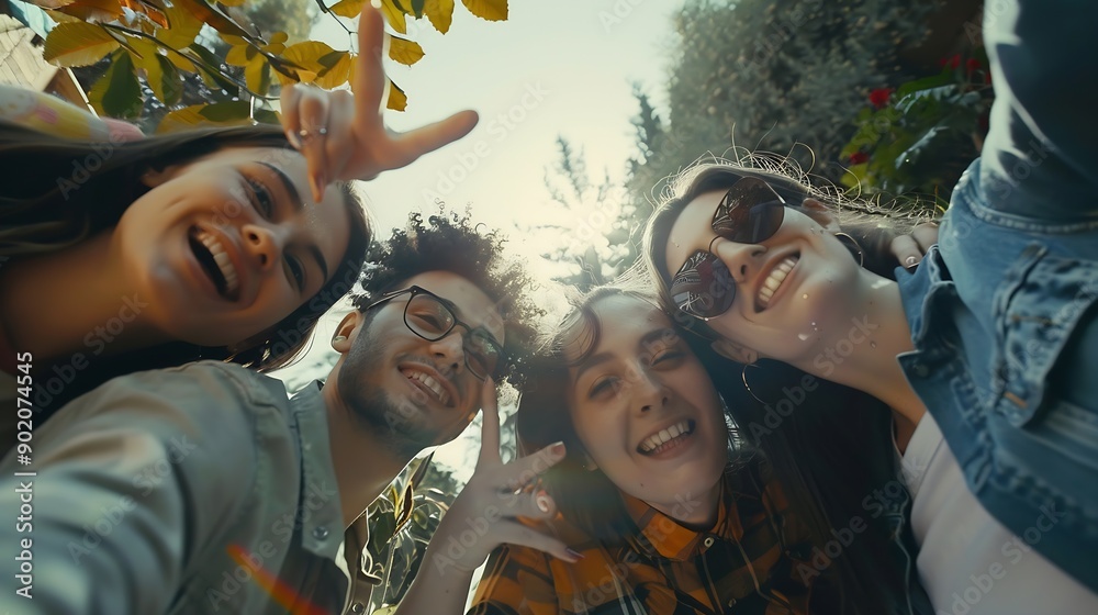 Friends portrait and selfie in backyard on holiday and get together or ...