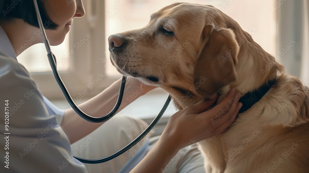 Woman vet and checking with dog for heart beat healthcare or checkup at ...