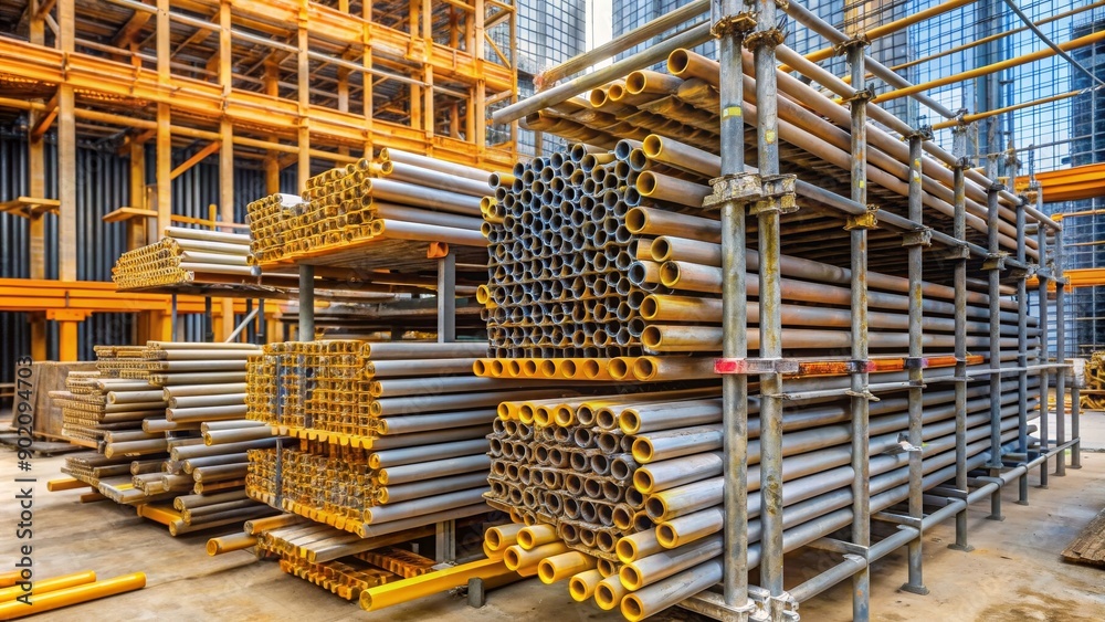 End view of scaffold poles stockpile on storage rack at construction ...
