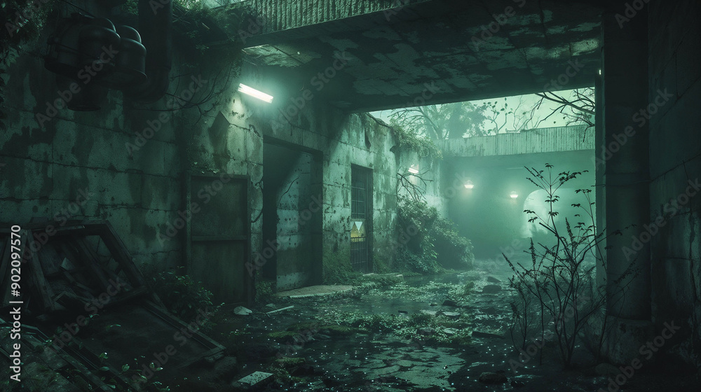 Eerie green-lit abandoned industrial complex with bunkers. Overgrown ...