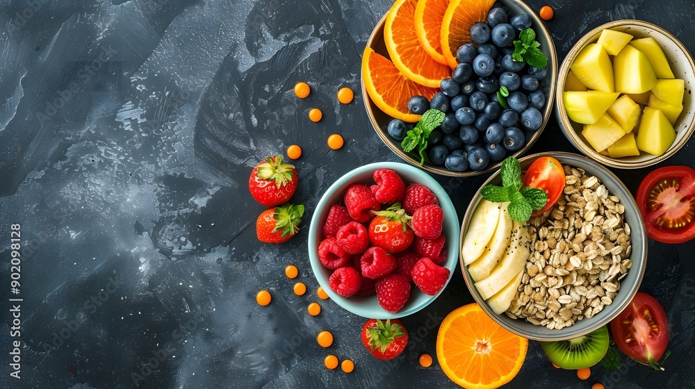 Healthy and balanced meal featuring a mix of fruits, vegetables, whole ...
