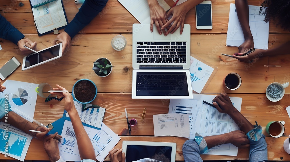 Laptop planning and business people in meeting tablet and brainstorming ...