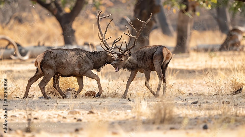 Two fully adult angry male Sambar deer in action fighting with their ...