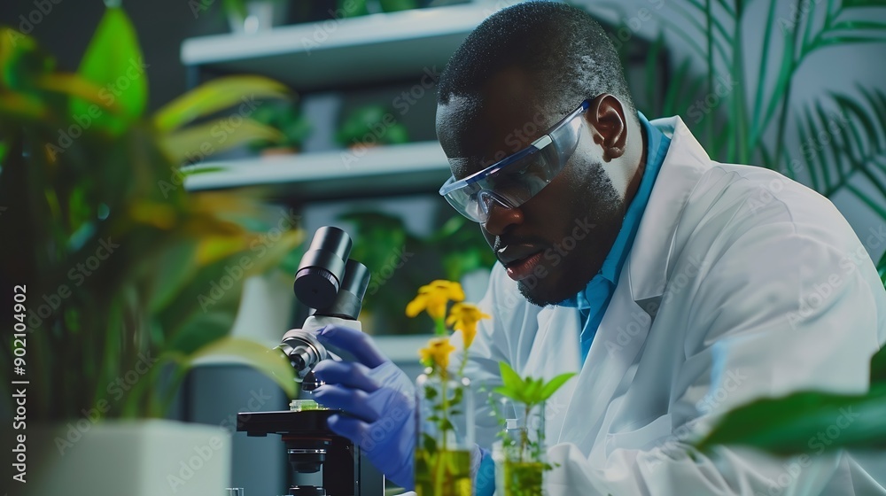 Black man scientist and lab with test tube research microscope and ...