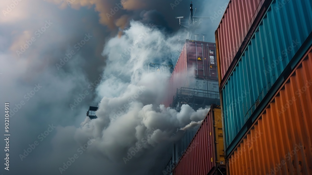 Smoke exhaust gas emissions carbon dioxide from cargo lagre ship ...