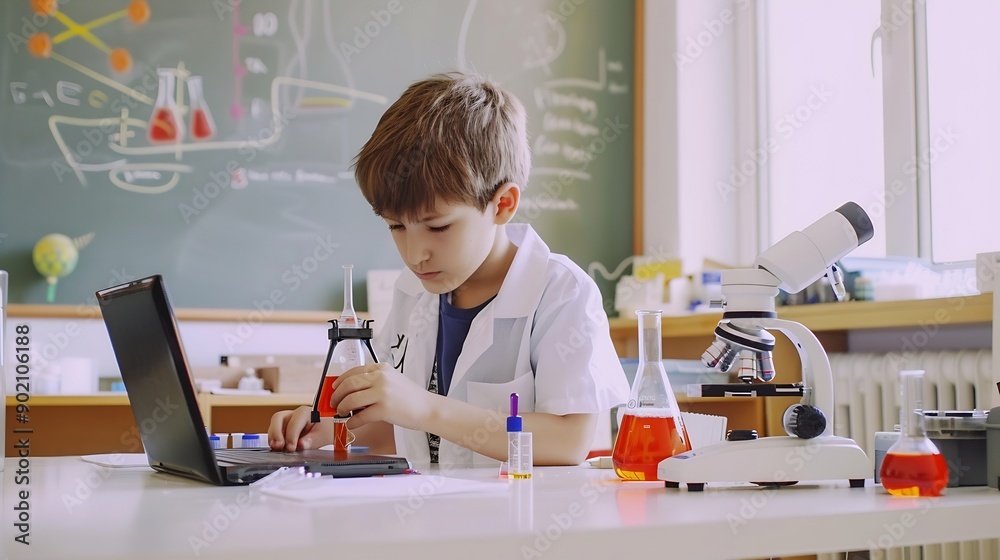 Students learning in science classroom Focused young boy students ...