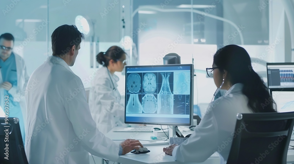 Doctor nurse and teamwork in meeting with computer presentation and ...