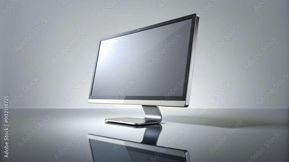Realistic 3D rendering of a monitor mockup with reflection on a tilted ...