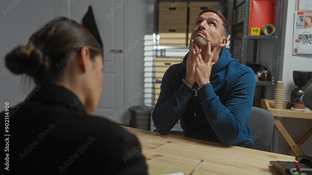 A worried man being questioned by a policewoman in an office ...