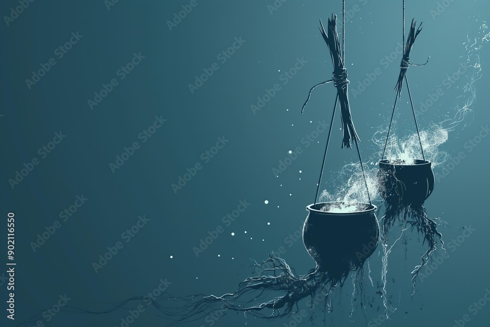 Two cauldrons hang from the ceiling, filled with bubbling potions and ...