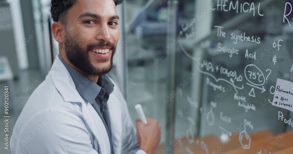 Scientist, face and glass or chemistry formula, experimental chemist ...