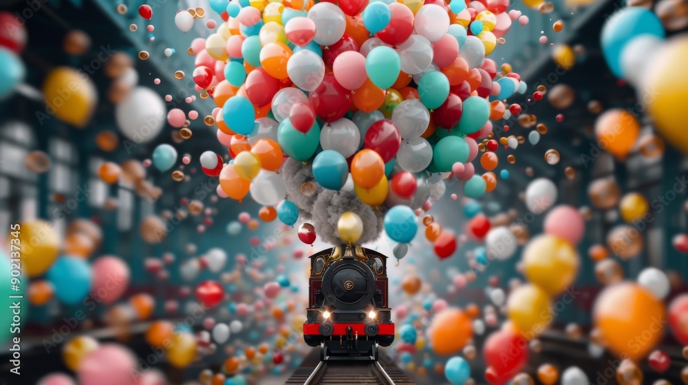 Colorful Balloons The elegant steam train releases colorful balloons ...