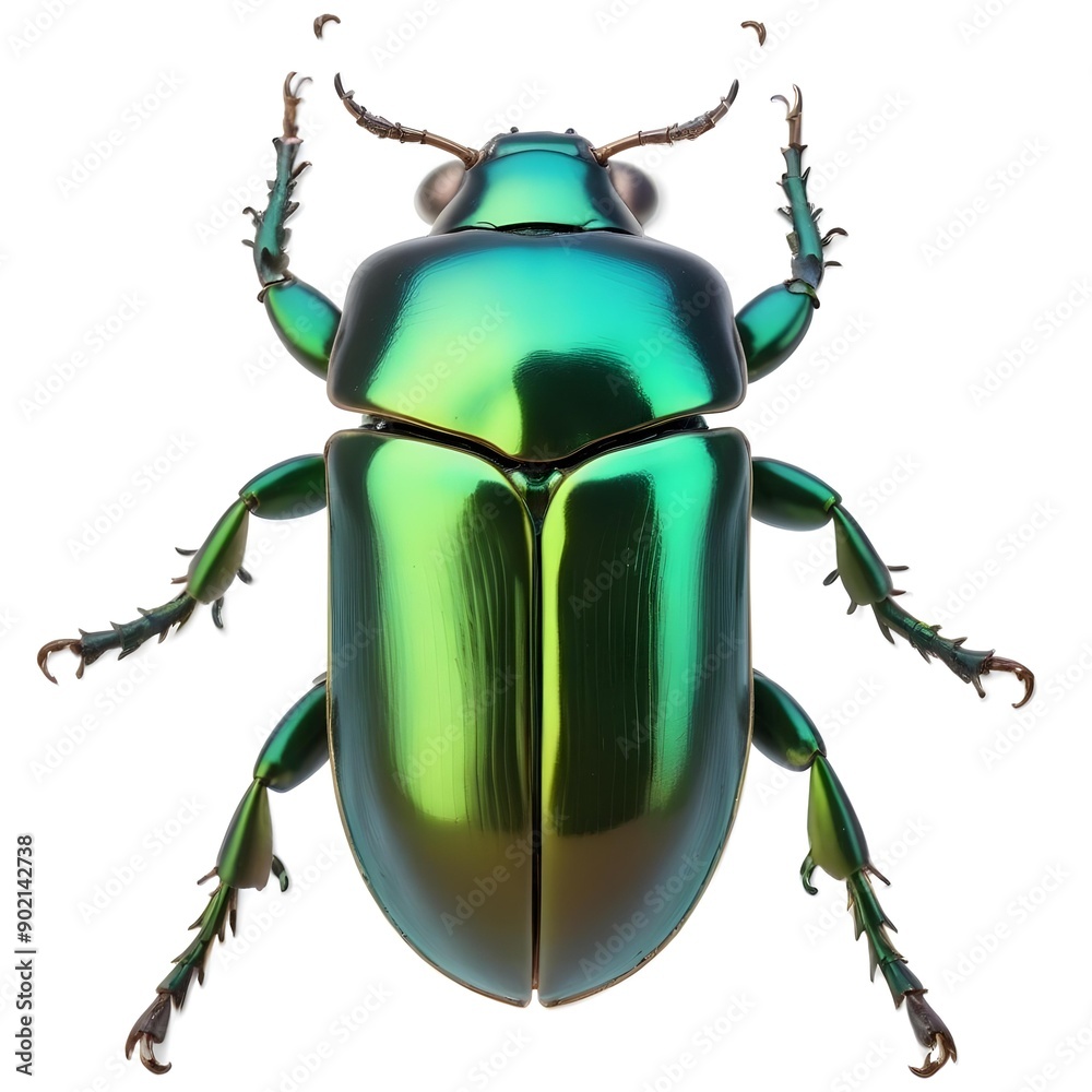 A close-up image of a large green beetle with a shiny, metallic ...