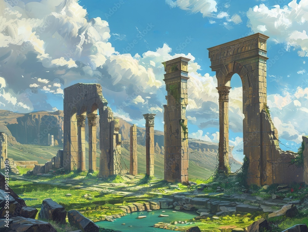 Ancient ruin overlooking a vast landscape, with stone pillars and ...