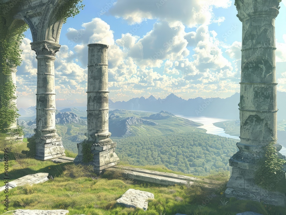 Ancient ruin overlooking a vast landscape, with stone pillars and ...