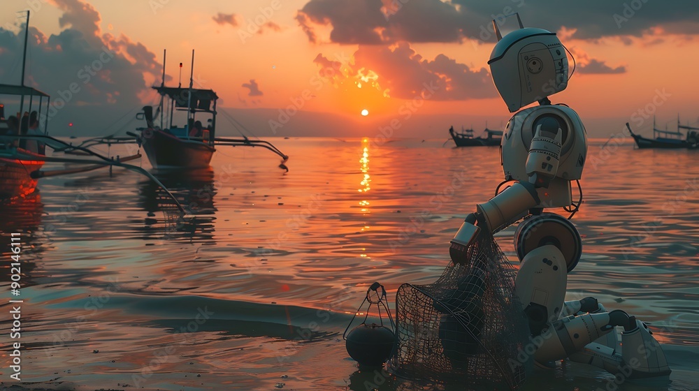 Robotic fishing in the Bali sea: Robots catching fish with nets ...
