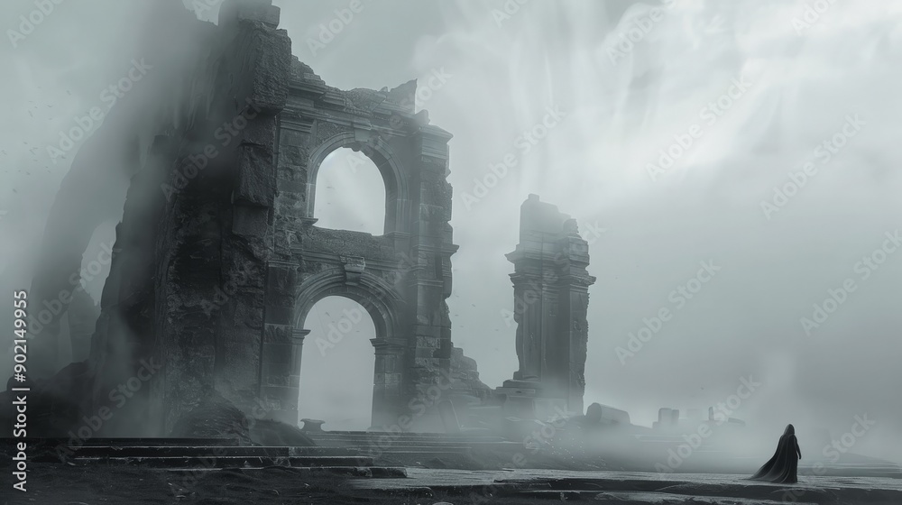 Mysterious ruin shrouded in fog, with only the outlines of ancient ...