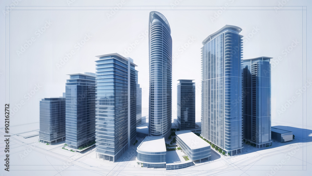 3D visualization of a sleek, modern skyscraper complex with glass and ...