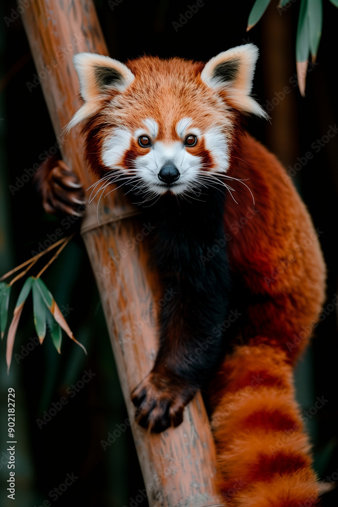 Red panda gripping bamboo tree branch with extended claws, gazing ...