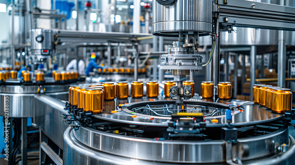 Stainless steel machines filling sealing and packing canned foods in a ...