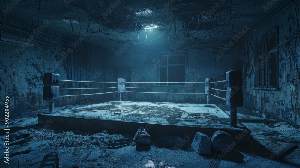 In a run-down building, an old boxing ring is illuminated by a single ...