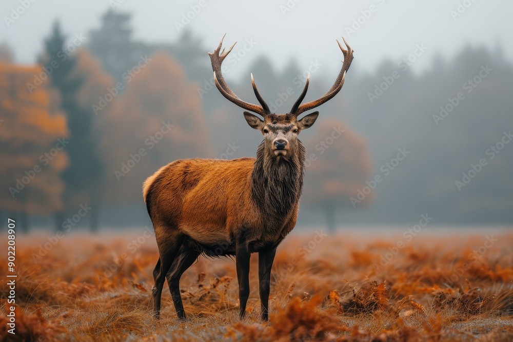 Red Deer Stag Standing in Field During Fall – Wide Angle Lens, Low ...