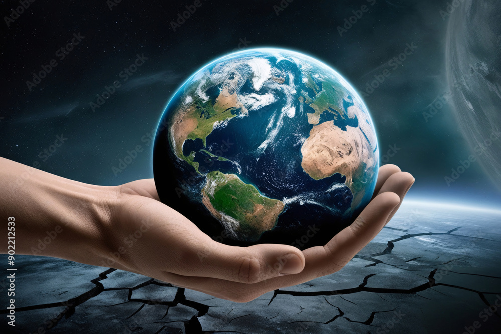 Human hand holding Earth. on dry non vegetation outer space background ...