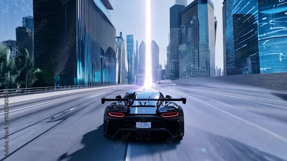 Low-angle wide shot: Sleek black sports car races through futuristic ...