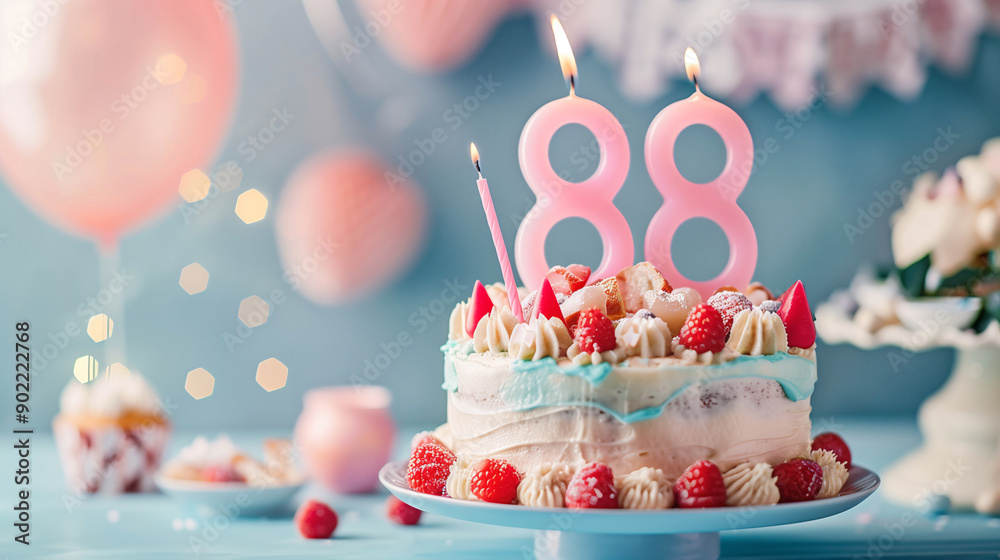 Birthday cake with big fancy burning lit candle number 88. Background ...