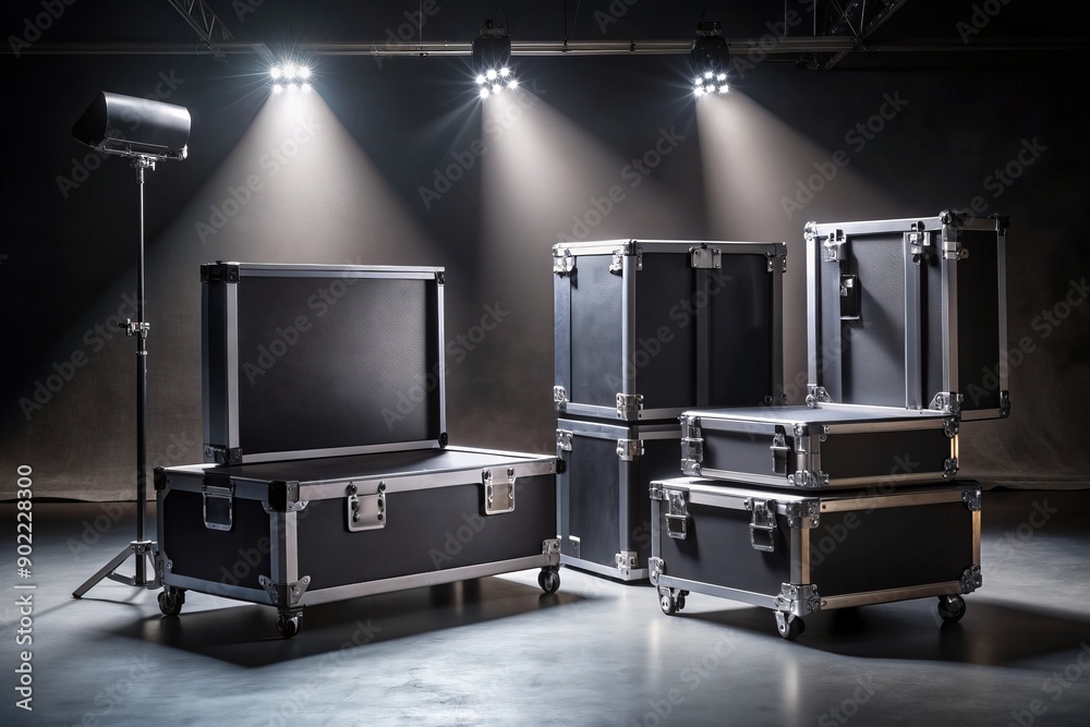 Dark minimalistic studio setup showcases a sleek arrangement of empty ...