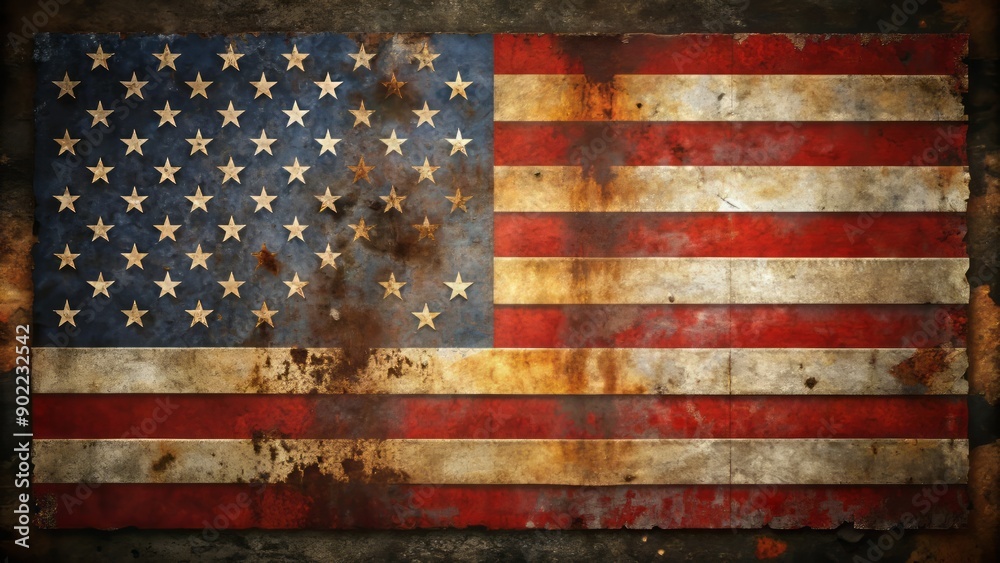 Vintage distressed American flag with rusty metal texture and torn ...