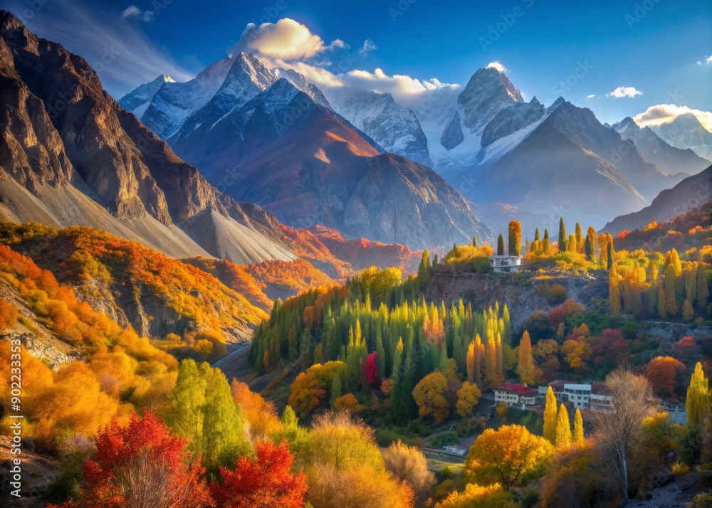 Vibrant autumn hues of forest trees in Hunza Valley, bathed in warm ...