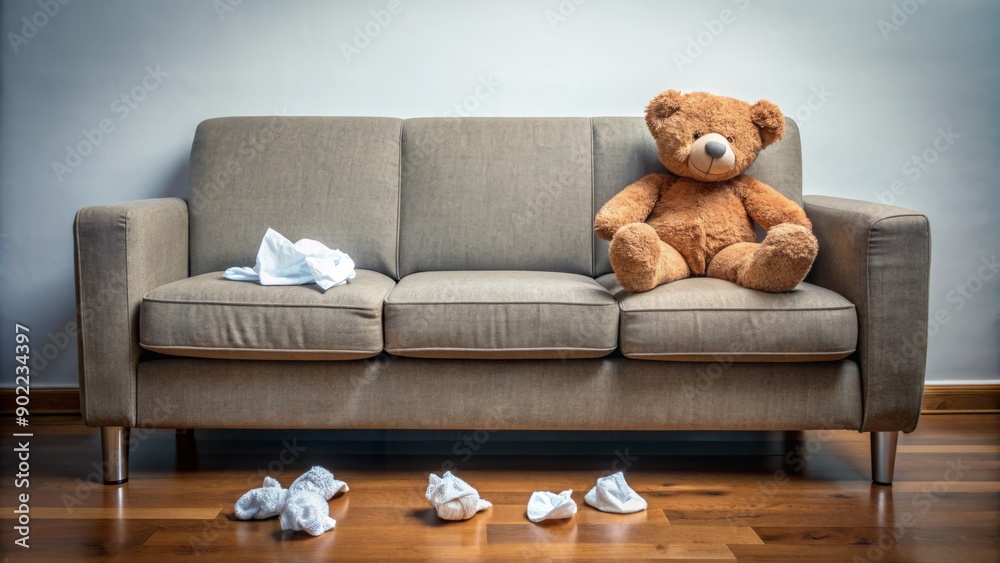 Empty sofa in a psychologist's office with scattered tissues and a worn ...