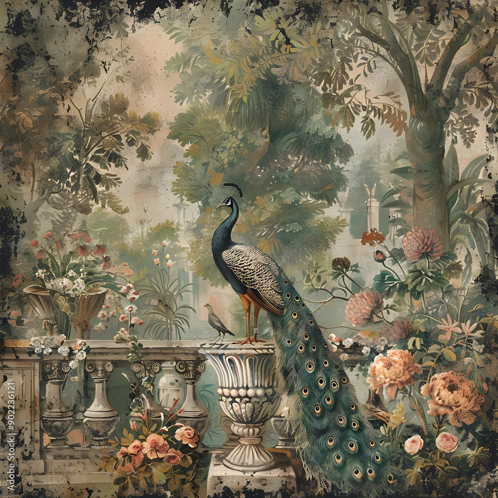 Vintage Roman-inspired mural wallpaper with a colorful garden scene ...