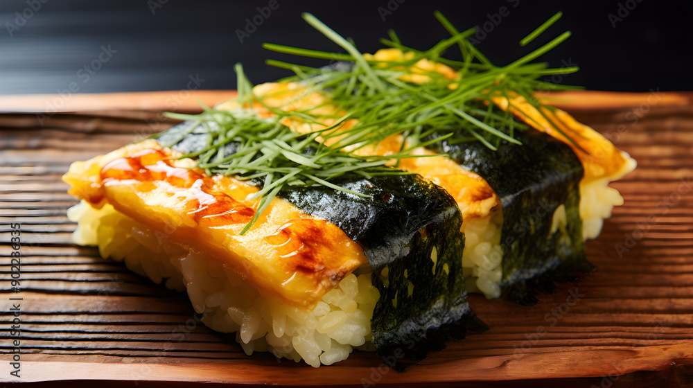 Savory Delicacy: A Plate of Golden Perfectly-Grilled Tamago (Egg) Sushi ...