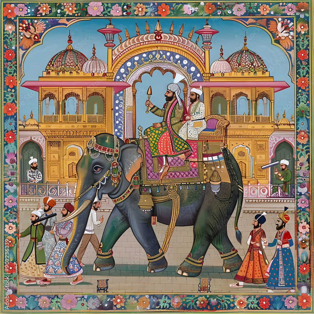 Mughal emperor riding an adorned elephant in a grand procession ...