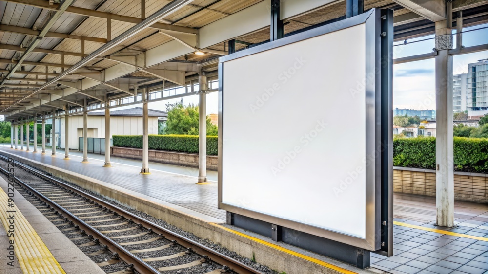 A large blank white canvas poster screen board hangs from a metal frame ...