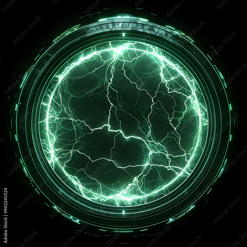 Electric green hologram with circles of lightning and portal overlay on ...