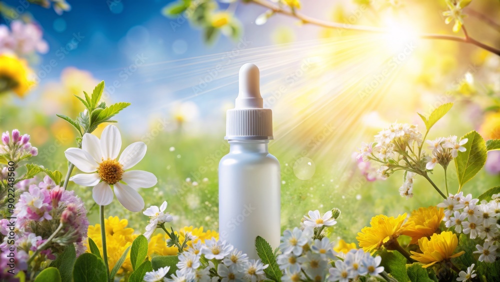A gentle mist of allergy relief nasal spray clears sinuses, surrounded ...