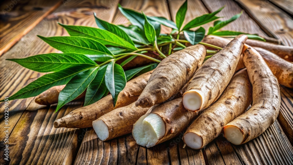 Variety of fresh cassava roots with leaves, showcasing unique bumpy ...