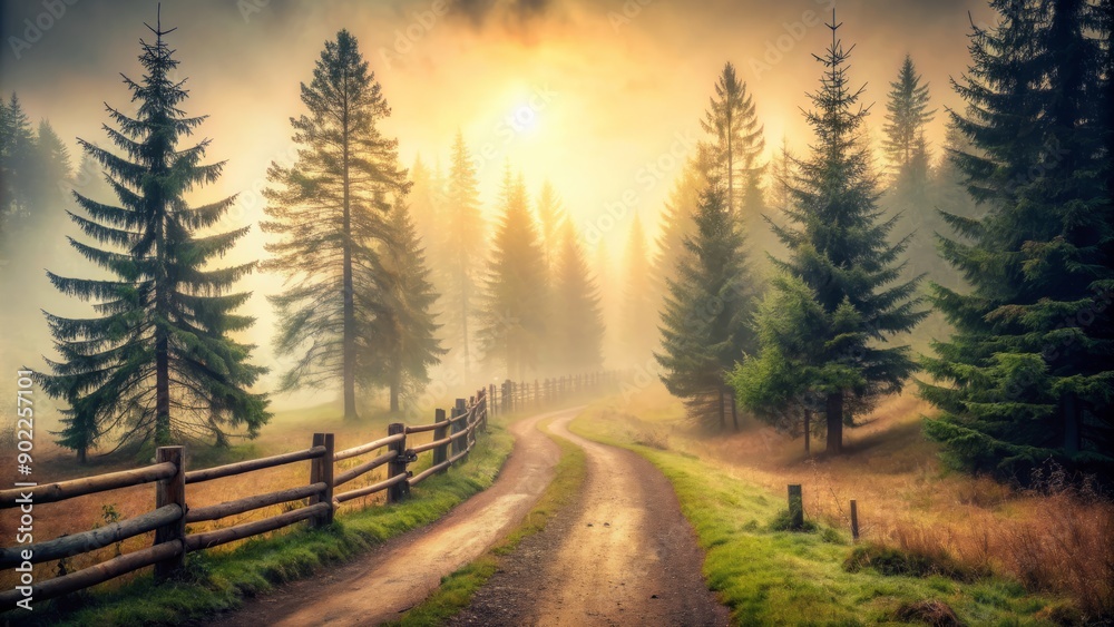Softly lit misty landscape with towering fir trees, rustic wooden fence ...