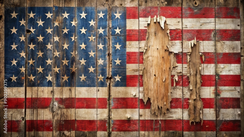 Tattered, worn, and frayed American flag with faded stars and stripes ...