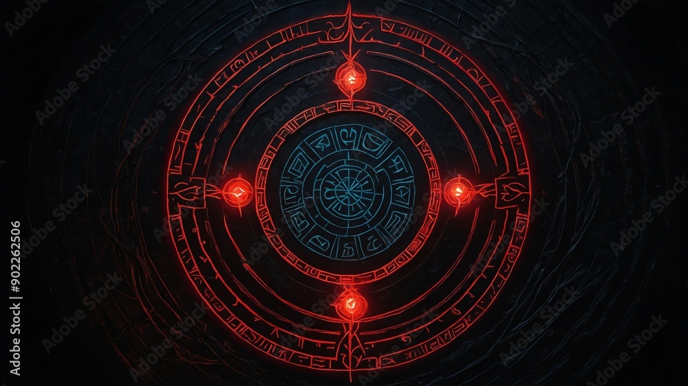 top view of an ancient runic magic circle with red lig background Stock ...