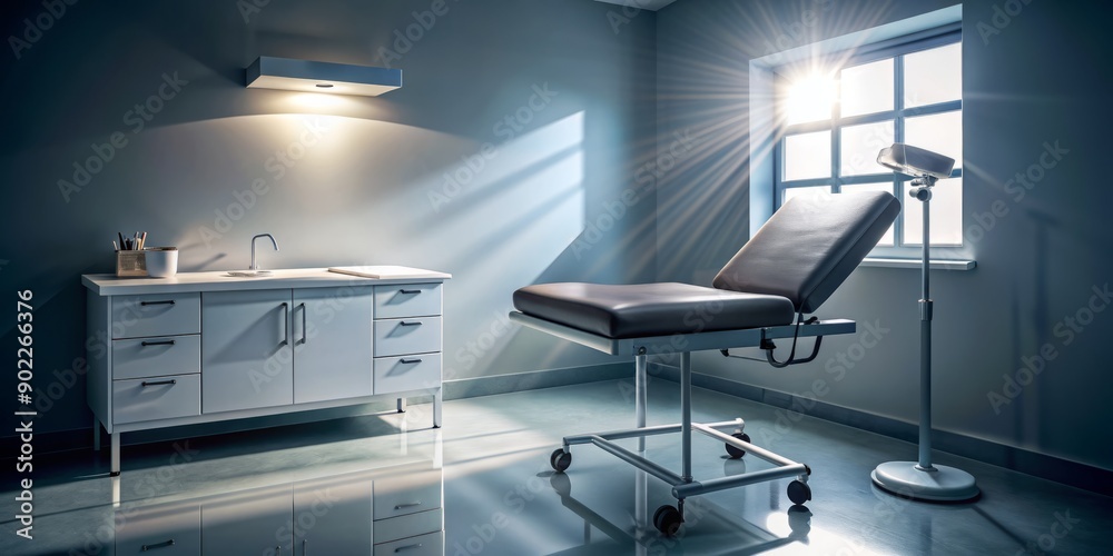 Empty examination room with a vacant stool and examination table ...