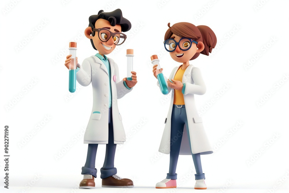 Male and female scientists characters with lab coats and test tubes ...