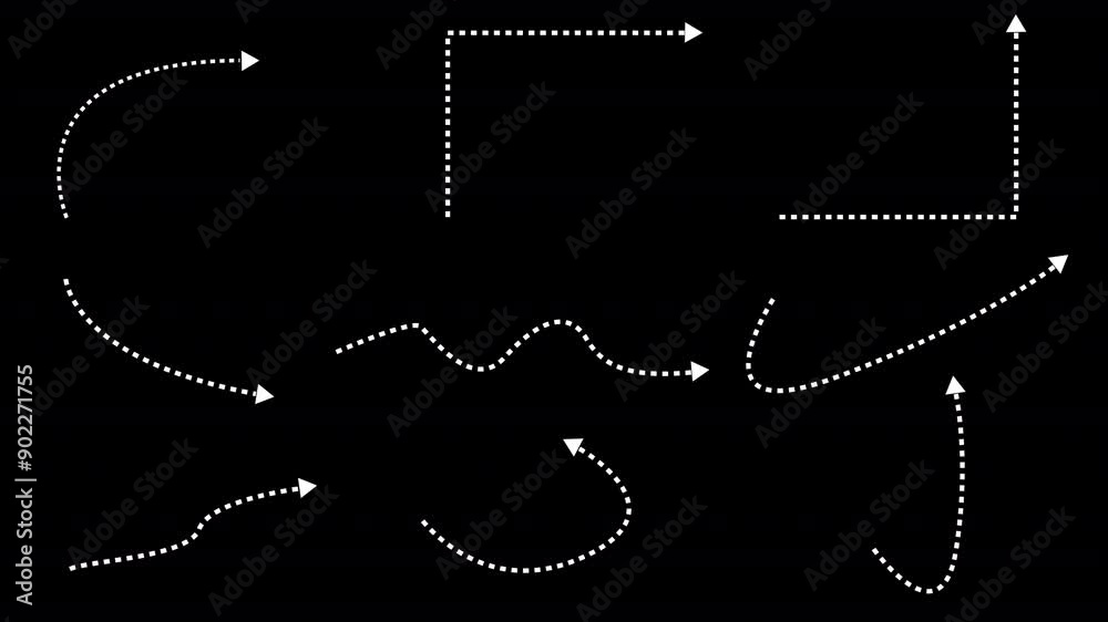 dashed line arrows animation on black background, set on dashed or dots arrows collection ...